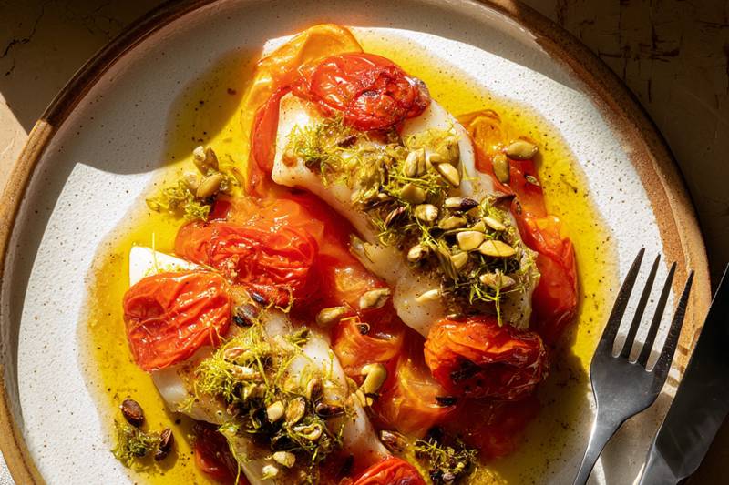 Recette du cabillaud au four et tomates au gingembre - Mon Marché